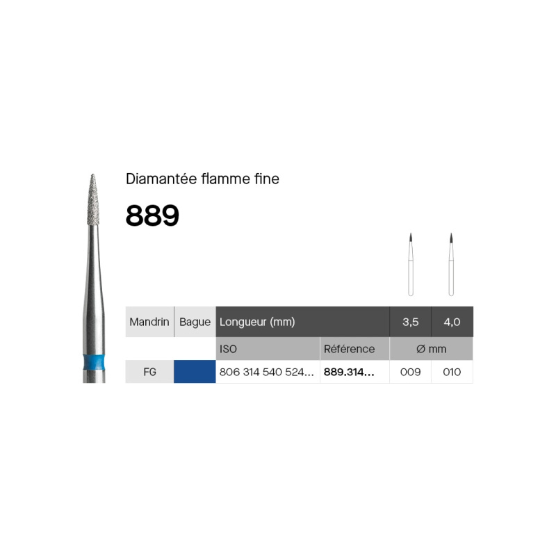 Flame diamond bur 889 Shank FG Grit Granulometry Medium 107-126μ (blue ...